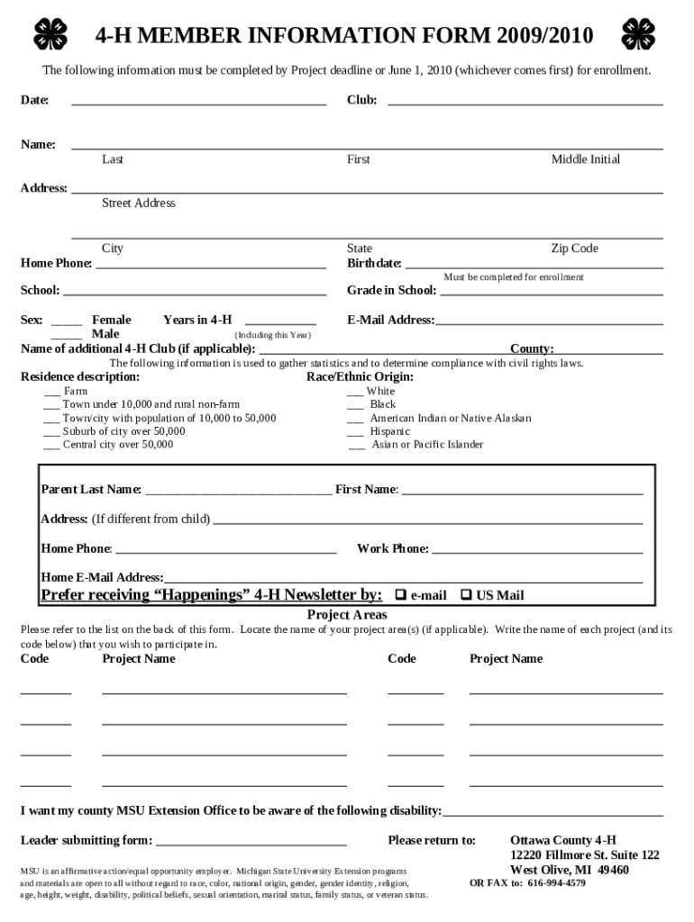 4-H MEMBER INATION 2009/2010 Doc Template | pdfFiller