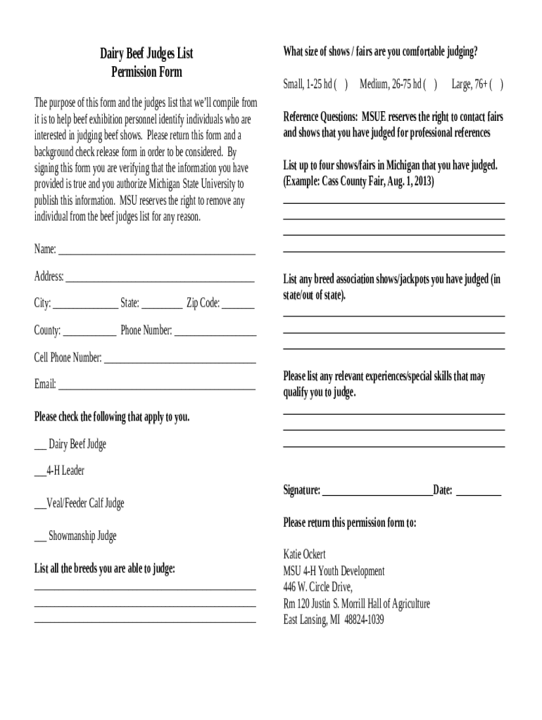 Dairy Beef Judges List Doc Template | pdfFiller
