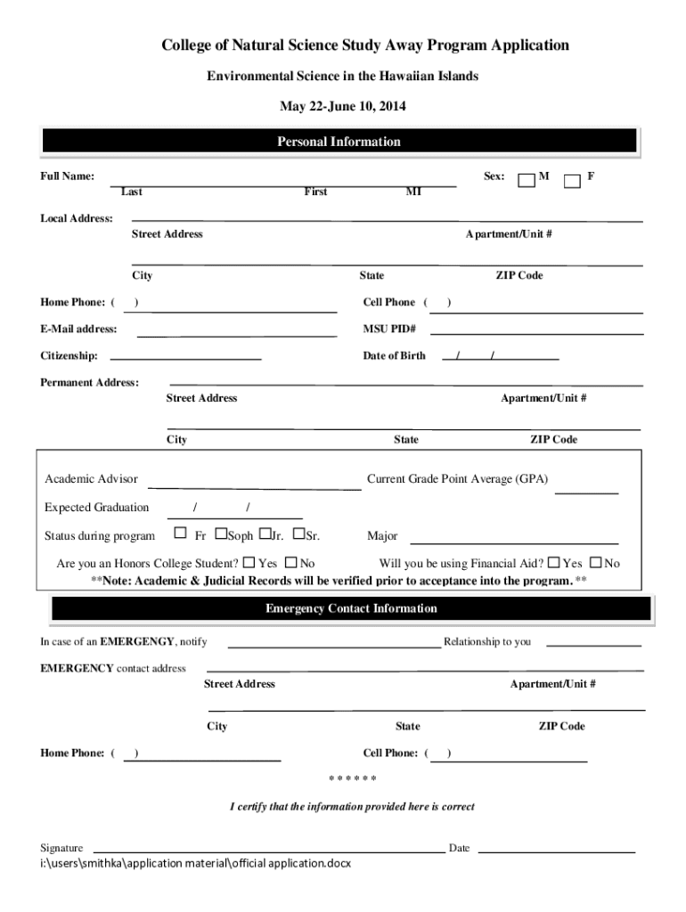 Fillable Online College Of Natural Science Study Away Program Fillable Online College Of Natural Science Study Away Program
