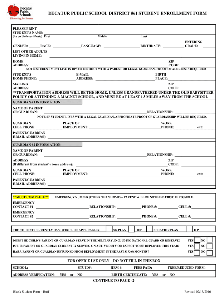 Fillable Online DECATUR PUBLIC SCHOOL DISTRICT #61 STUDENT Fax Email ...