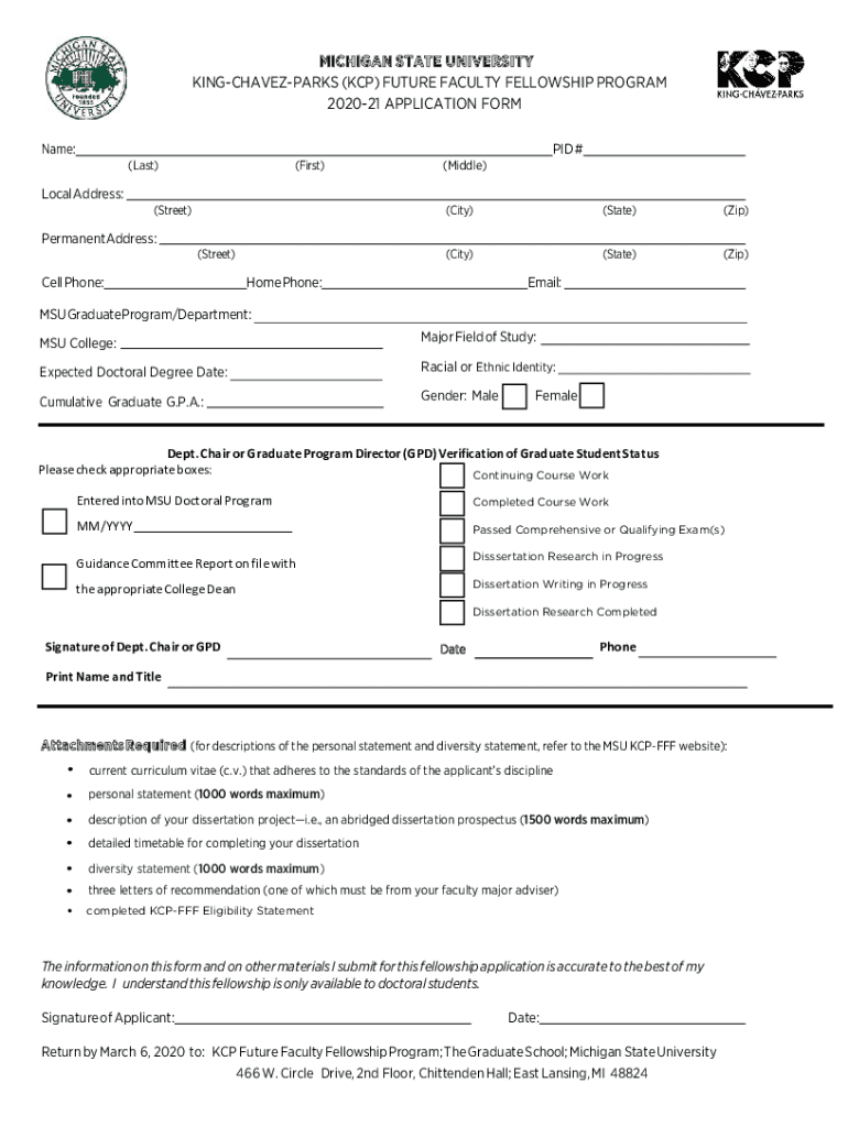 Fillable Online grad msu MICHIGAN STATE UNIVERS ITY KING-CHAVEZ-PARKS ...