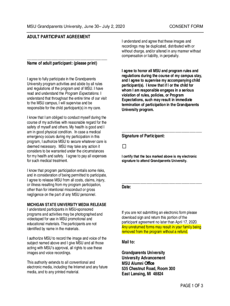 Fillable Online alumni msu OF 3 ADULT PARTICIPANT AGREEMENT - MSU Alumni ... Fax Email Print ...
