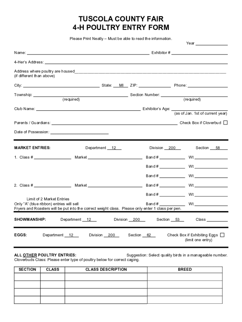 Fillable Online TUSCOLA COUNTY FAIR 4-H POULTRY ENTRY FORM Fax Email ...
