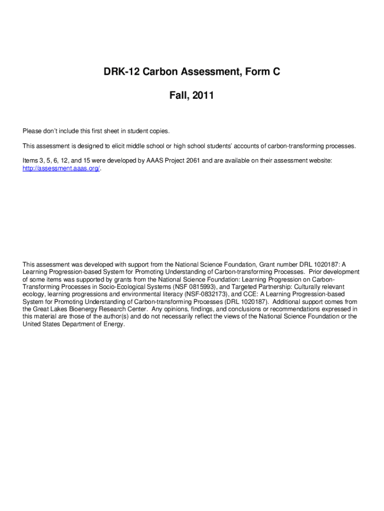Fillable Online envlit educ msu DRK-12 Carbon Assessment, Form A ...