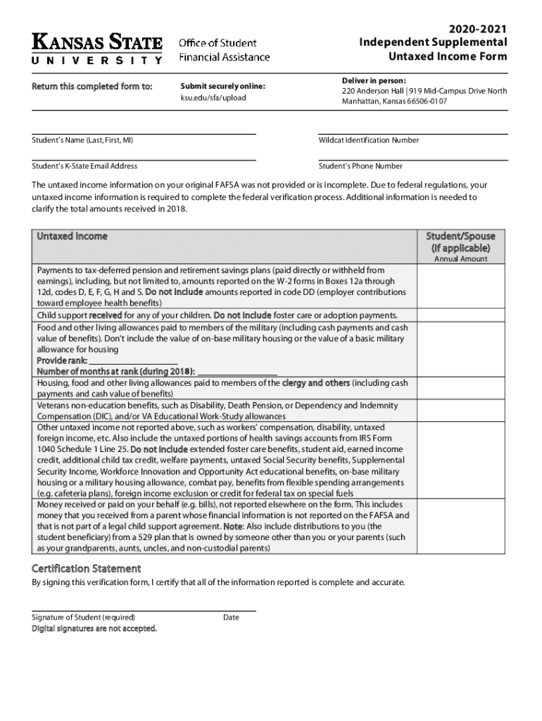 Fillable Online 2020 - 2021 Independent Supplemental Untaxed Income ...