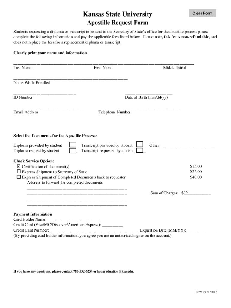 Fillable Online Kansas State University Apostille Request Form Fax ...