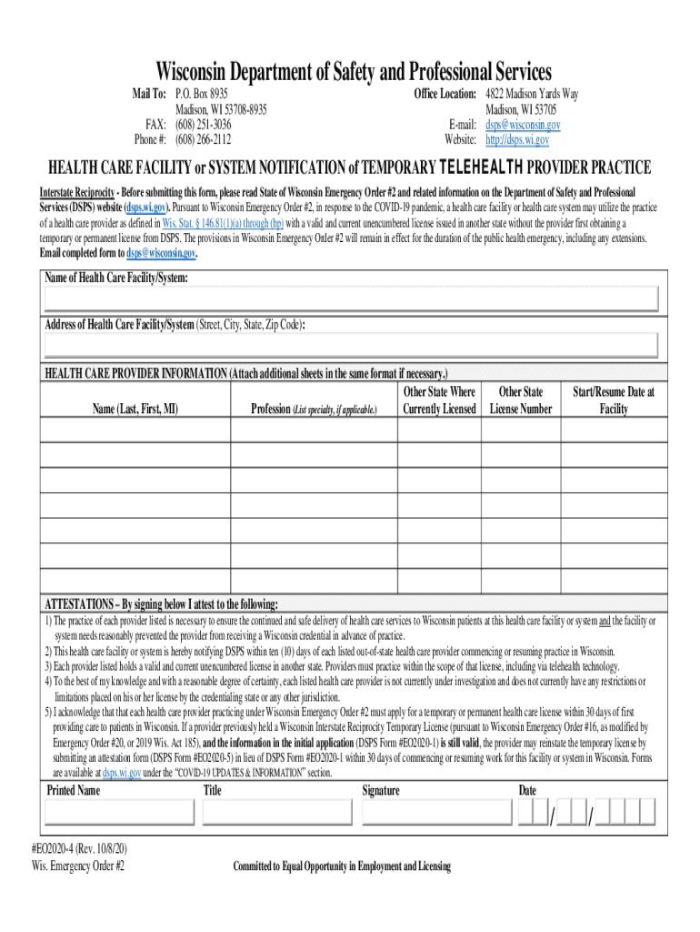 Fillable Online dsps wi (Download) Department Of Safety And Professional Services ... Fax Email ...