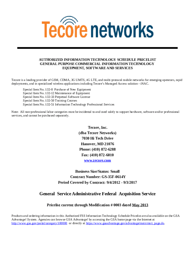 Tecore Networks Services Pricing - GSA Advantage Doc Template | pdfFiller