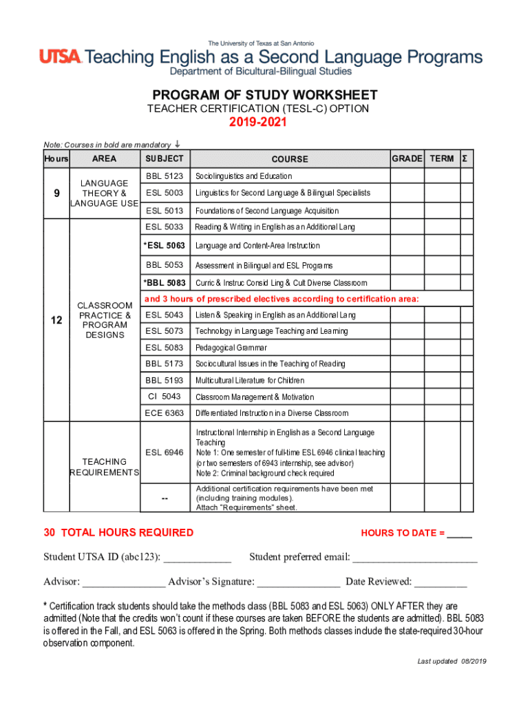 Fillable Online education utsa English as a Second Language (ESL) Graduate Certificate ... Fax ...