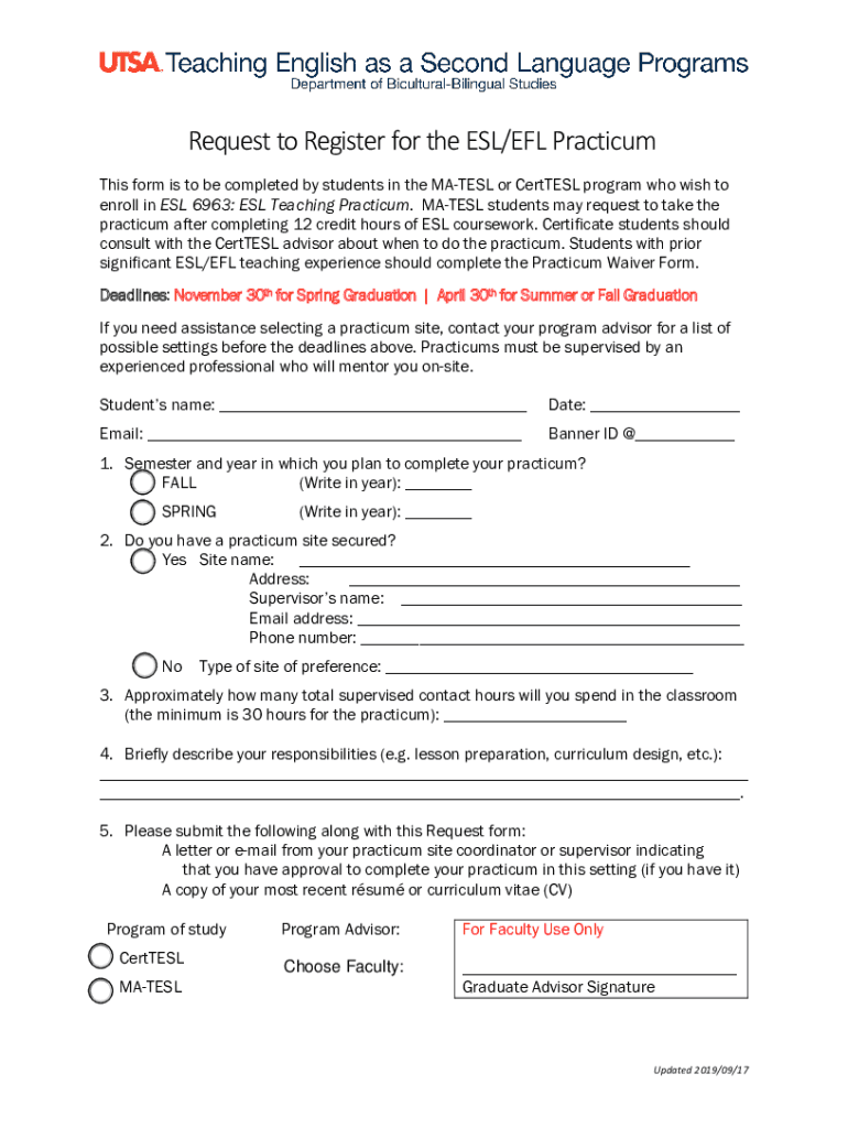 Fillable Online education utsa Teaching Practicum Application Form Fax ...