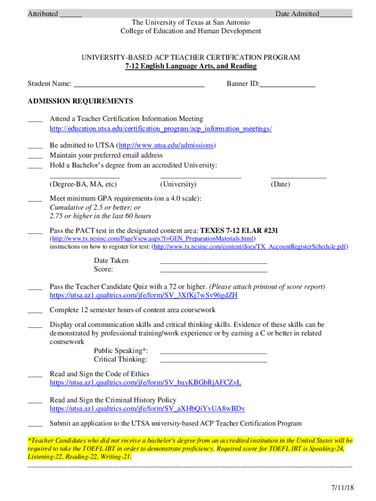 Fillable Online education utsa 7-12 English Language Arts, and Reading ...