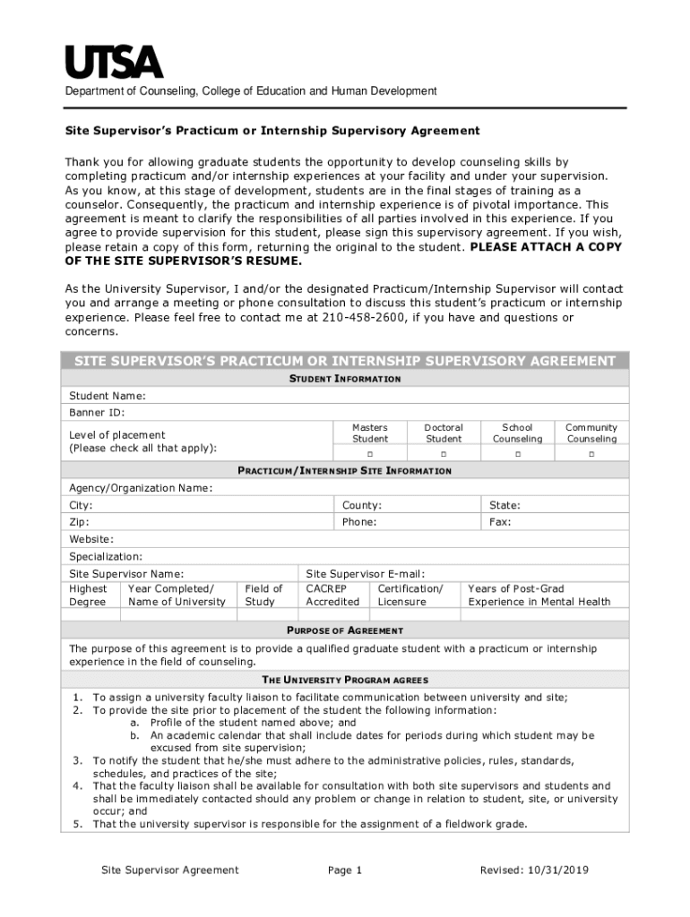 Fillable Online education utsa Site Supervisors Practicum or Internship Supervisory Agreement ...