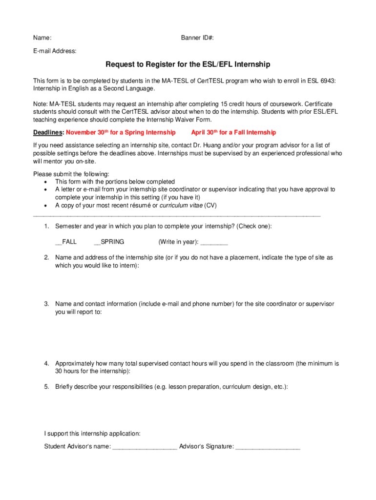 Fillable Online education utsa Request to Register for the ESL/EFL Internship Fax Email Print ...