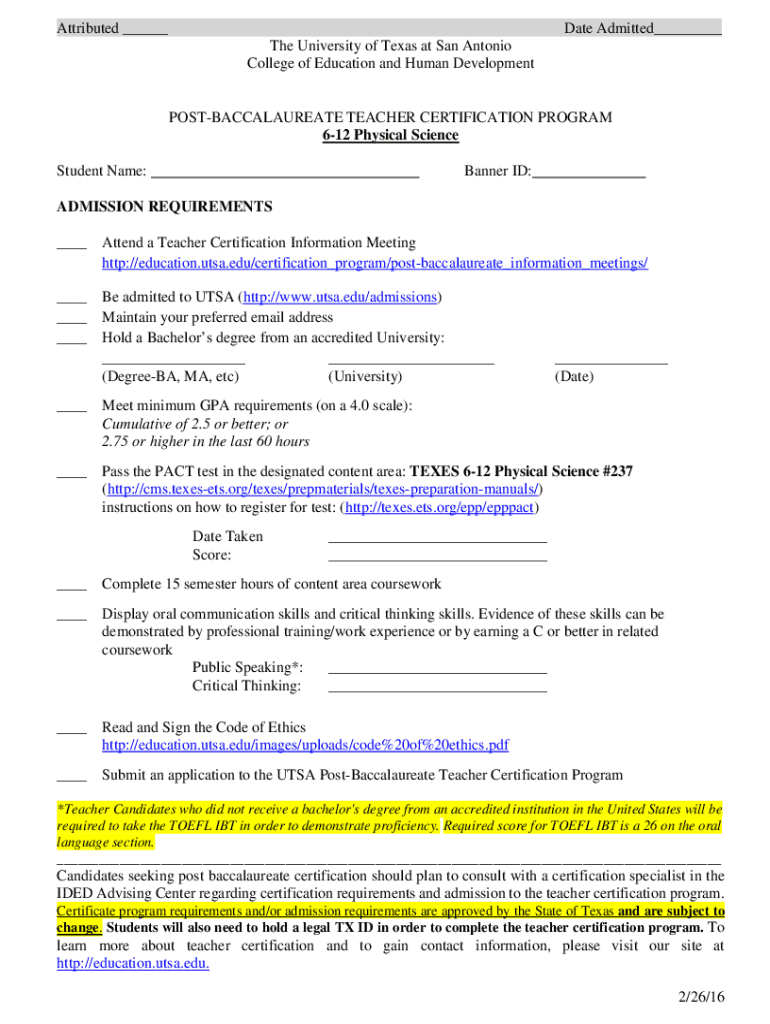 Fillable Online education utsa Life and Physical Sciences (30) Core ...