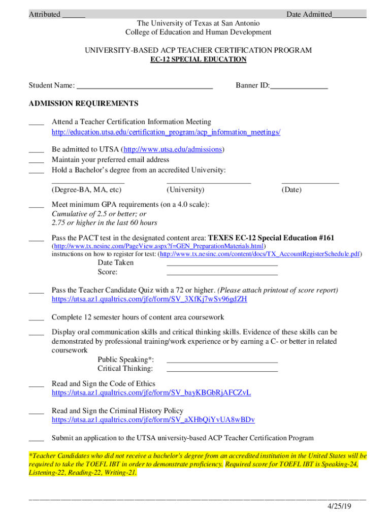 Fillable Online education utsa Pass the PACT test in the designated ...
