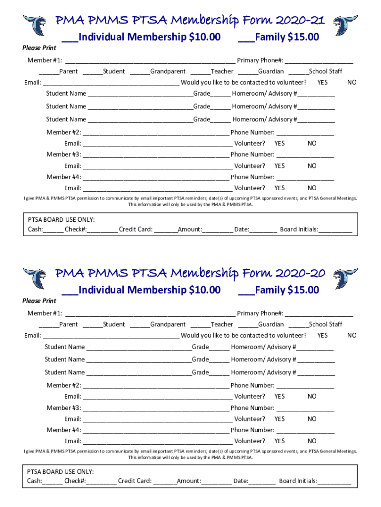 Fillable Online PMA PMMS PTSA Membership Form 2020-21 PMA PMMS ... Fax ...