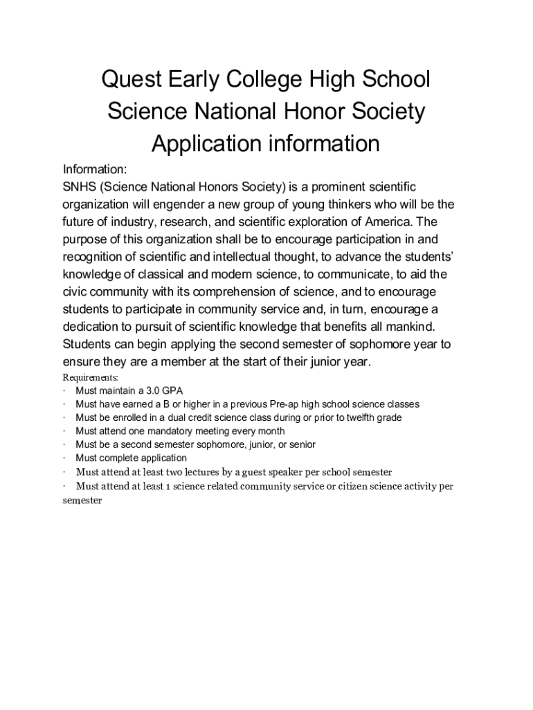 Fillable Online SNHS (Science National Honors Society) is a prominent ...