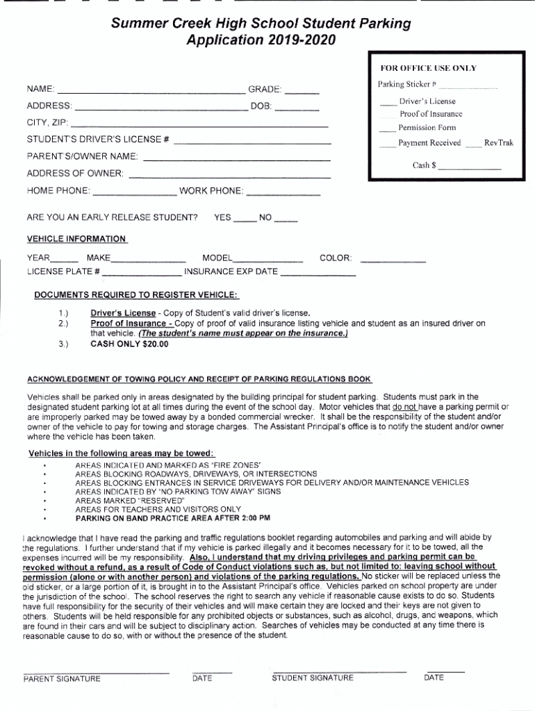 Fillable Online Summer Creek High School Student Parking Application 2019 Fax Email Print ...