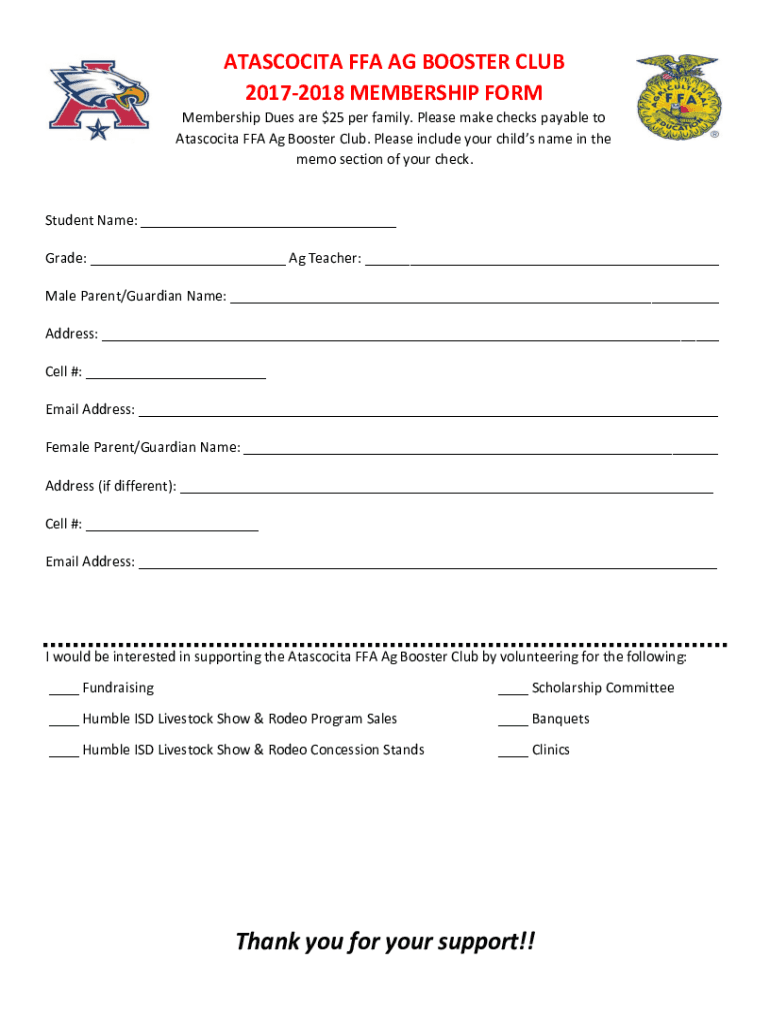 Fillable Online ANNUAL BOOSTER CLUB MEMBERSHIP DUES ARE $25.00 PER ...