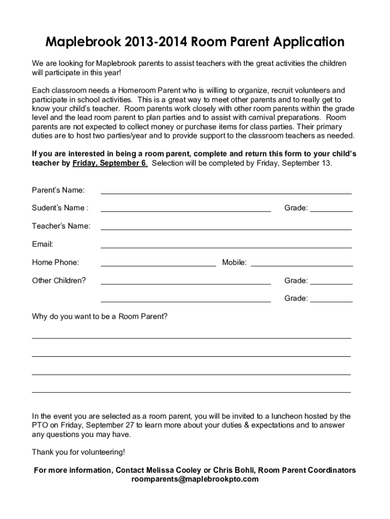 Fillable Online 2013-14 Room Parent Application Fax Email Print - pdfFiller