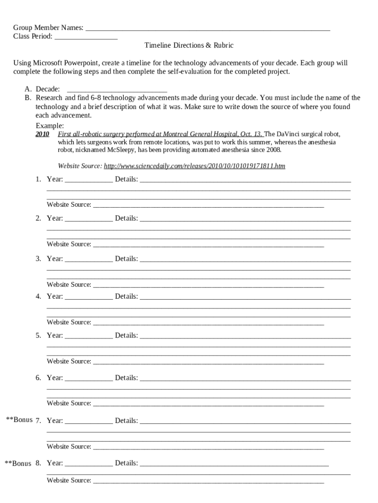 Timeline Directions & Rubric Doc Template | pdfFiller