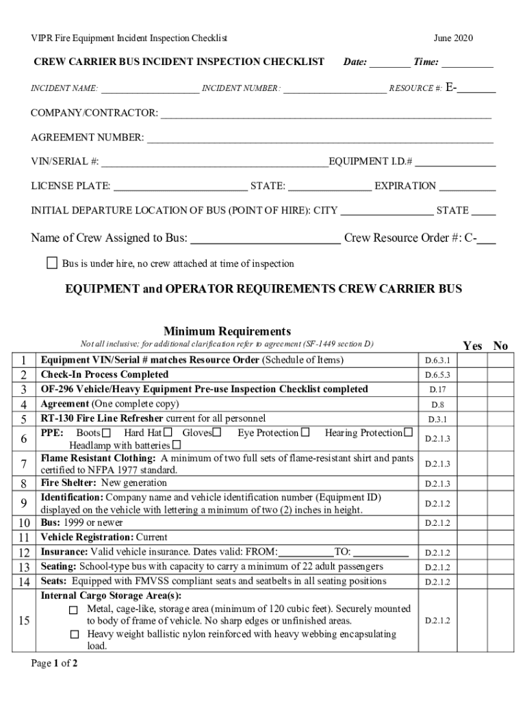 Fillable Online VIPR Fire Equipment Incident Inspection Checklist June ...