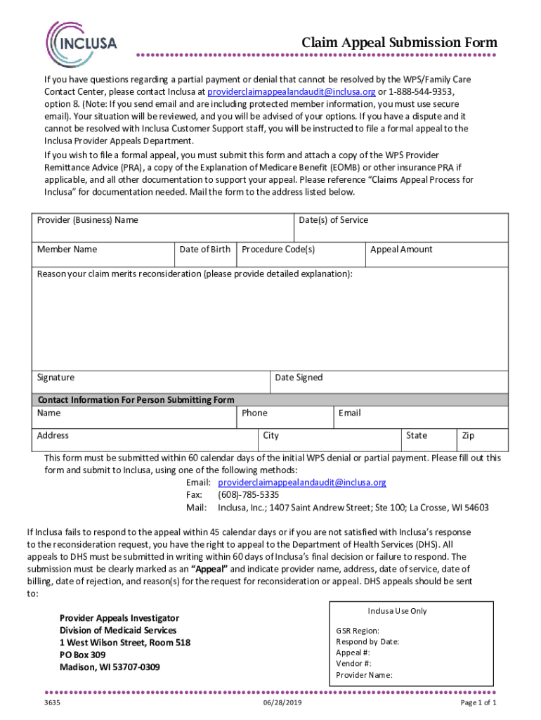 Fillable Online Claim Appeal Submission Form - Family Care Fax Email ...