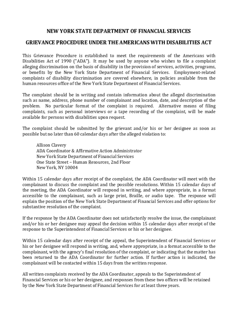Fillable Online Grievance Procedure under the Americans With ...