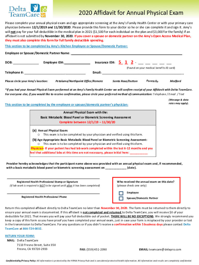 Fillable Online 2020 Affidavit for Annual Physical Exam - Filice ...