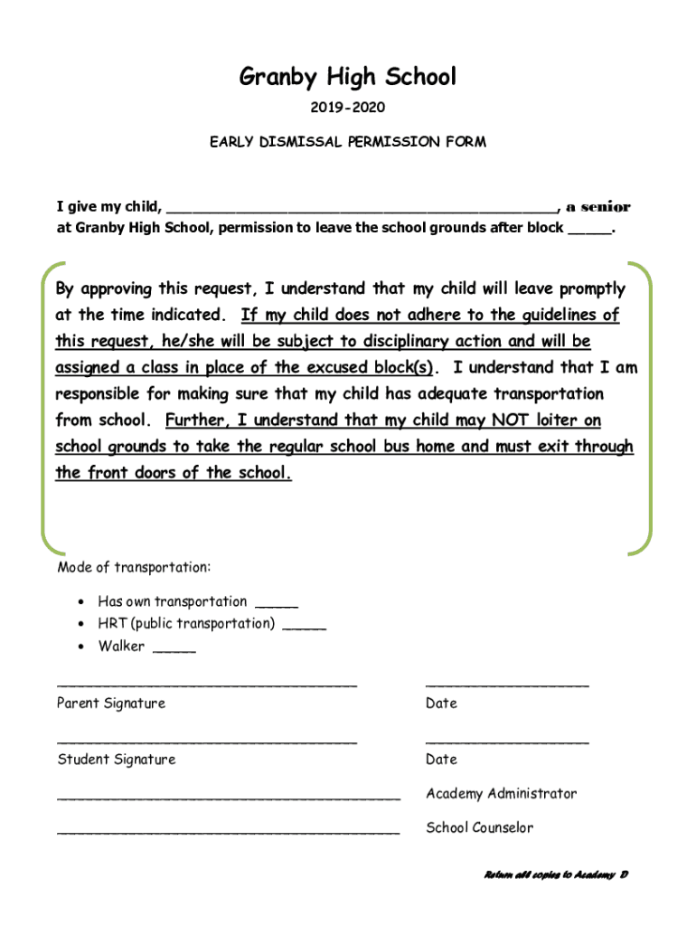 Granby High School Early Dismissal Permission Form - Fill Online, Printable, Fillable, Blank ...