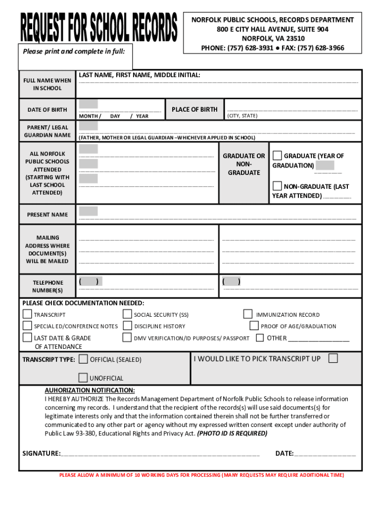 Fillable Online record request form - Norfolk Public Schools Fax Email ...