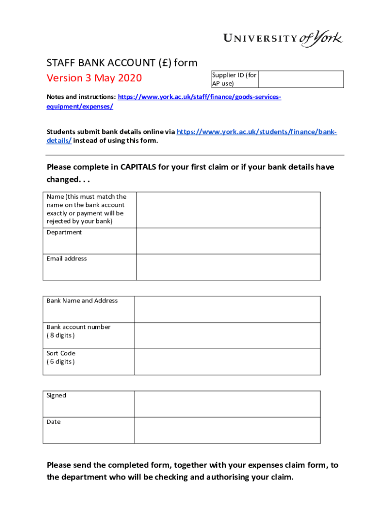 Fillable Online STAFF BANK ACCOUNT () form Version 3 May 2020 Fax Email ...