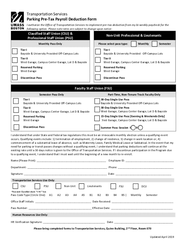Fillable Online Parking Pre-Tax Payroll Deduction Form Fax Email Print ...