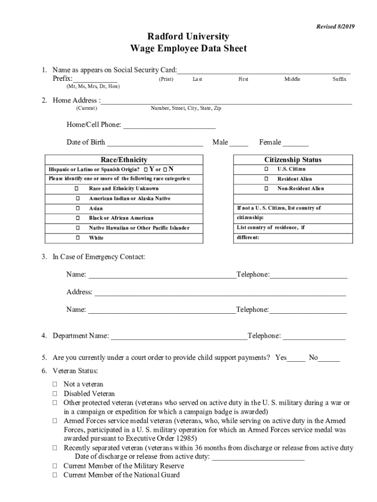 Fillable Online Radford University Wage Employee Data Sheet Fax Email Print - pdfFiller