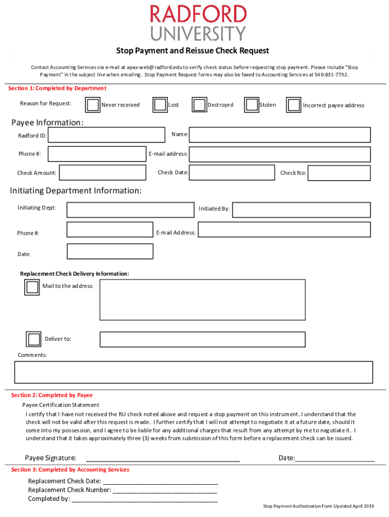 Fillable Online Stop Payment and Reissue Check Request Payee ...