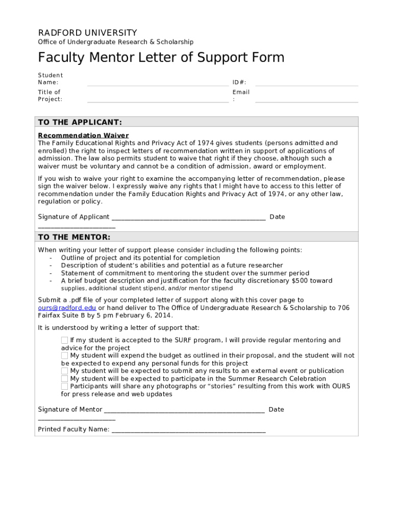 Faculty Mentor Letter of Support Doc Template | pdfFiller