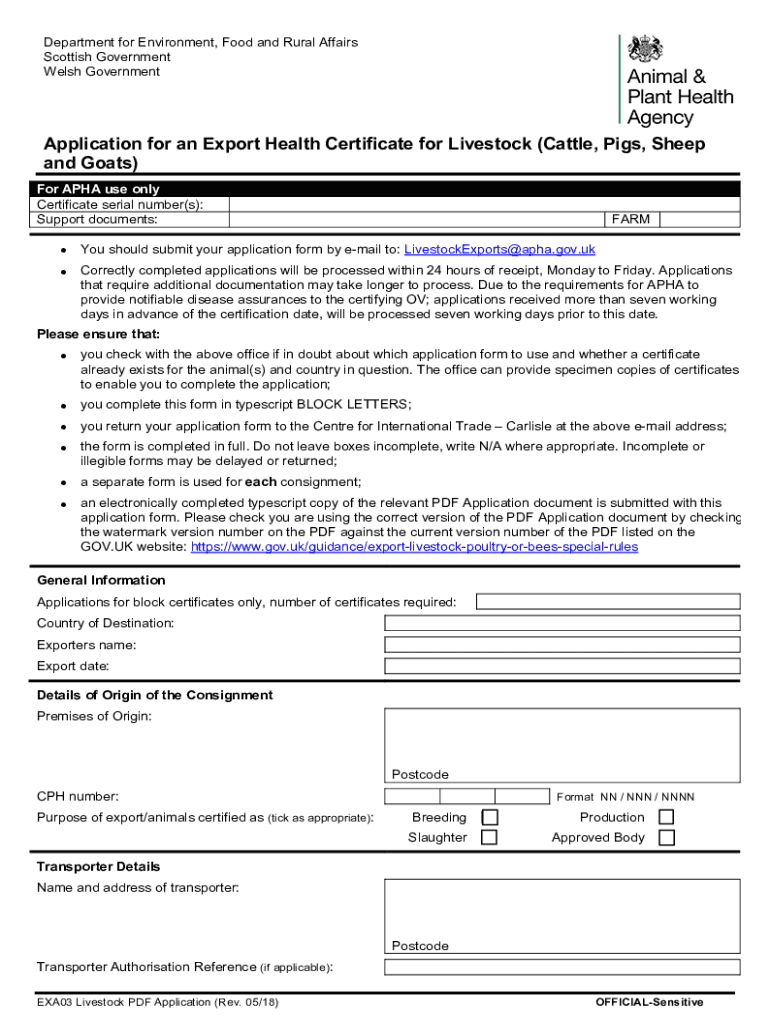 Fillable Online Application for an Export Health Certificate for ...