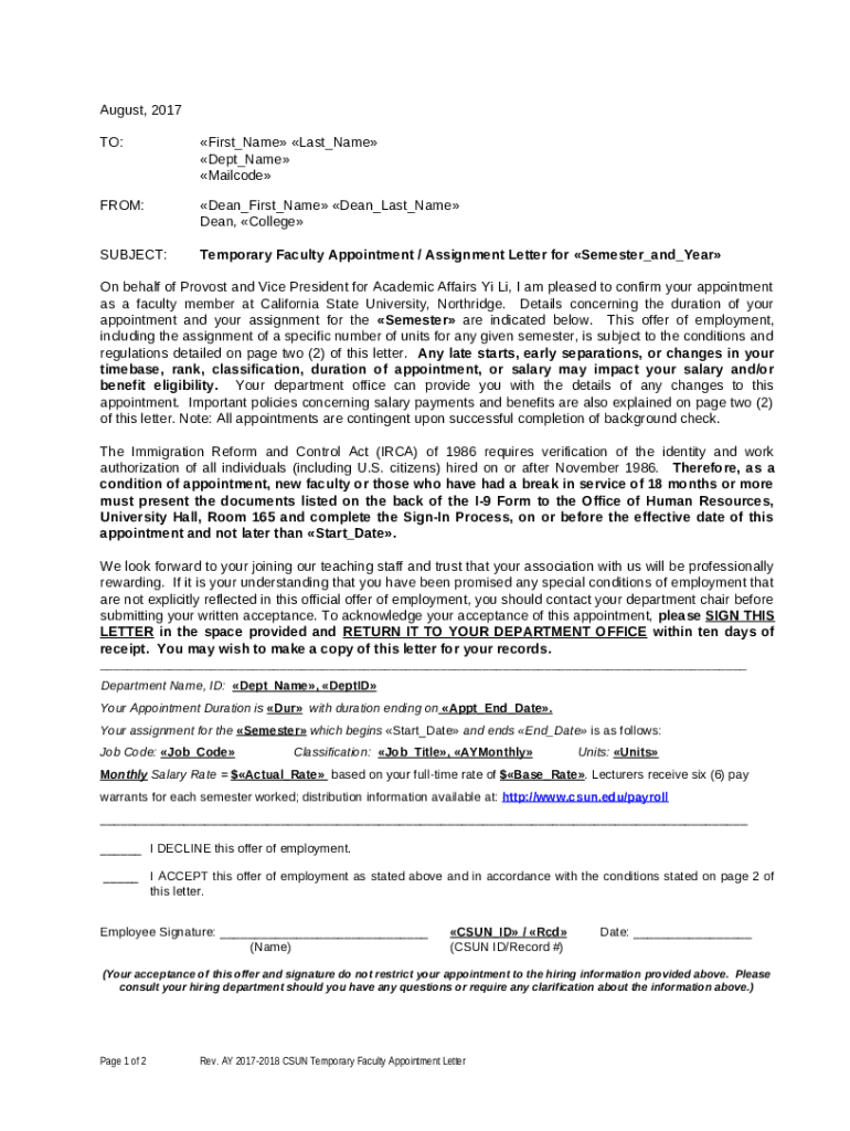 Fall 2017 Lecturer Appointment Letter Template - Page 1 Doc Template ...