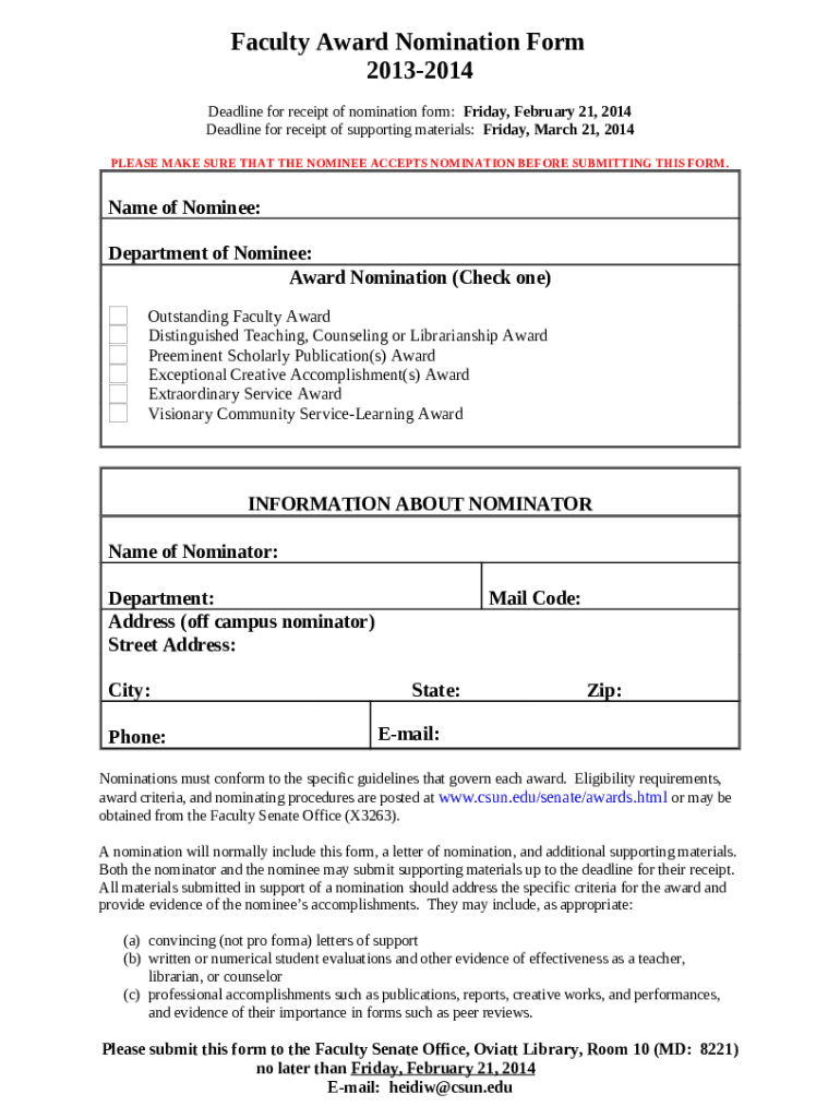 Faculty Award Nomination Doc Template | pdfFiller