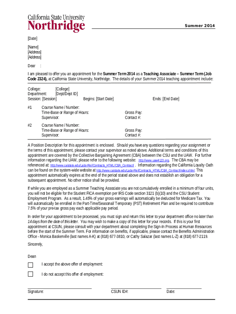 Summer Faculty Appt Letter Template Pg 1 - CSUN.edu Doc Template ...