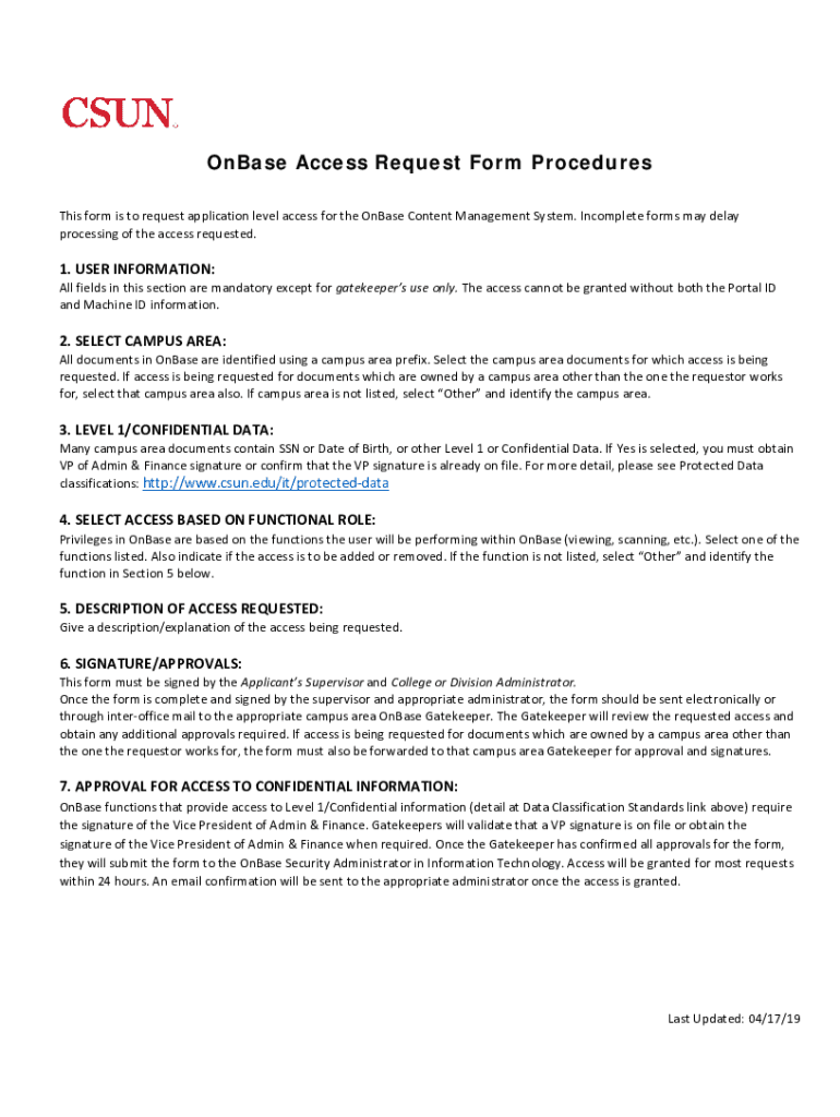 Fillable Online OnBase Access Request Form Procedures Fax Email Print - pdfFiller