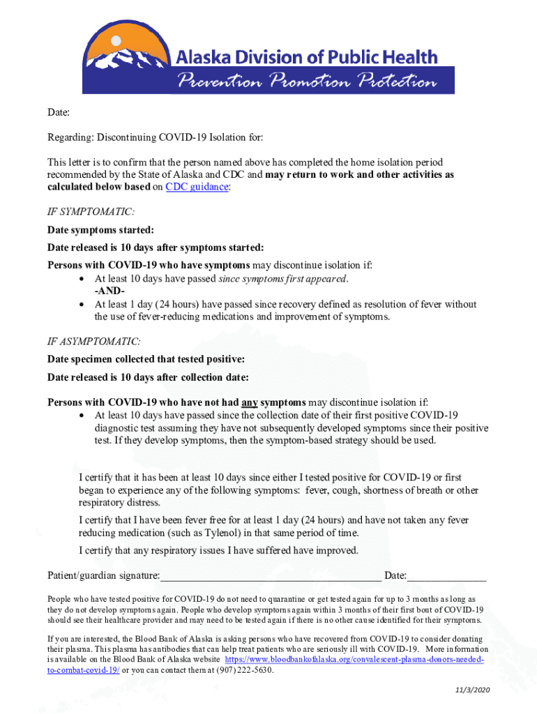 Fillable Online dhss alaska alaska end of isolation letter Fax Email ...