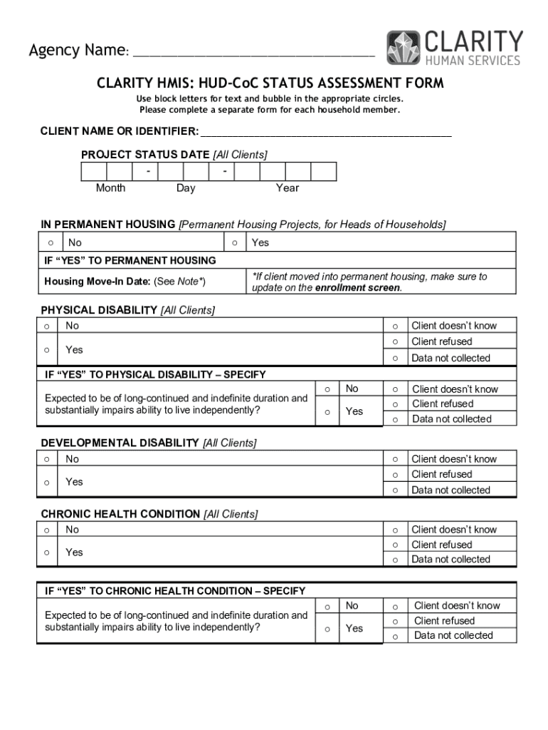 Fillable Online CLARITY HMIS: HUD-CoC STATUS ASSESSMENT FORM Fax Email ...