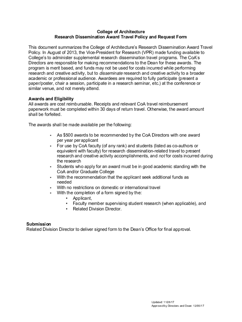 Fillable Online Research Dissemination Award Travel Policy and Request ...