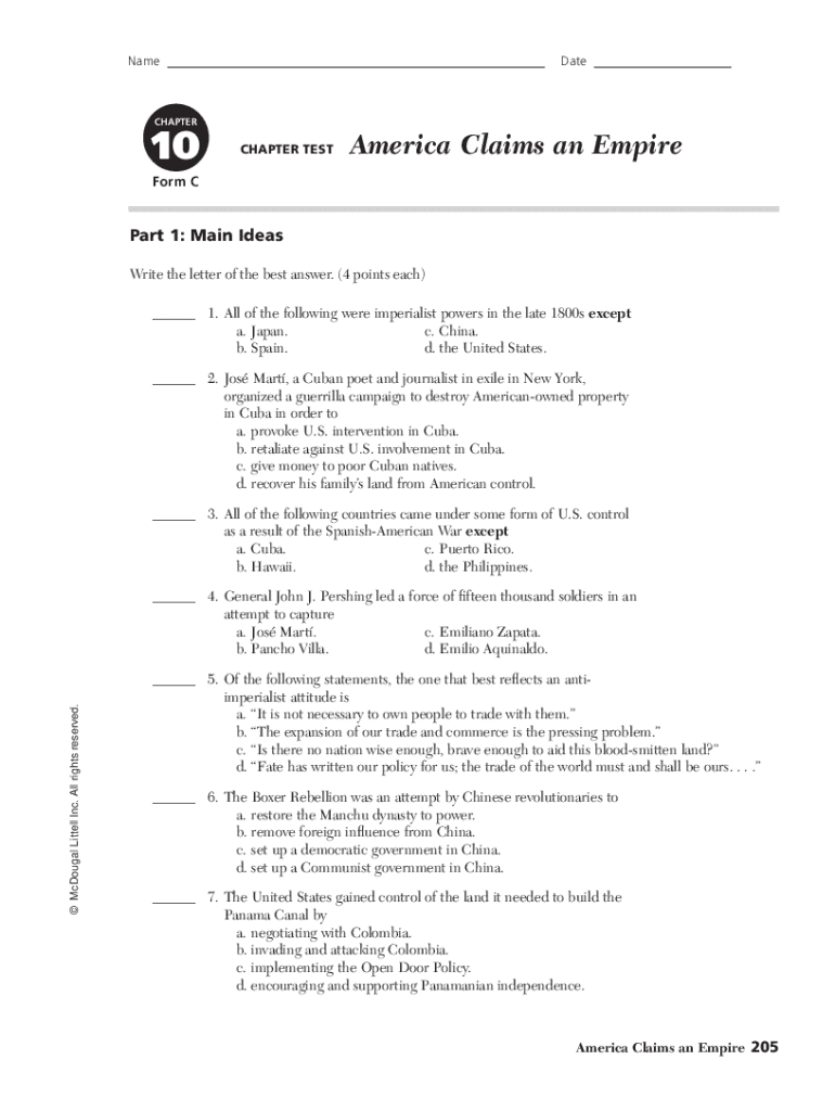 Fillable Online CHAPTER 10 CHAPTER TEST America Claims an Empire Fax ...