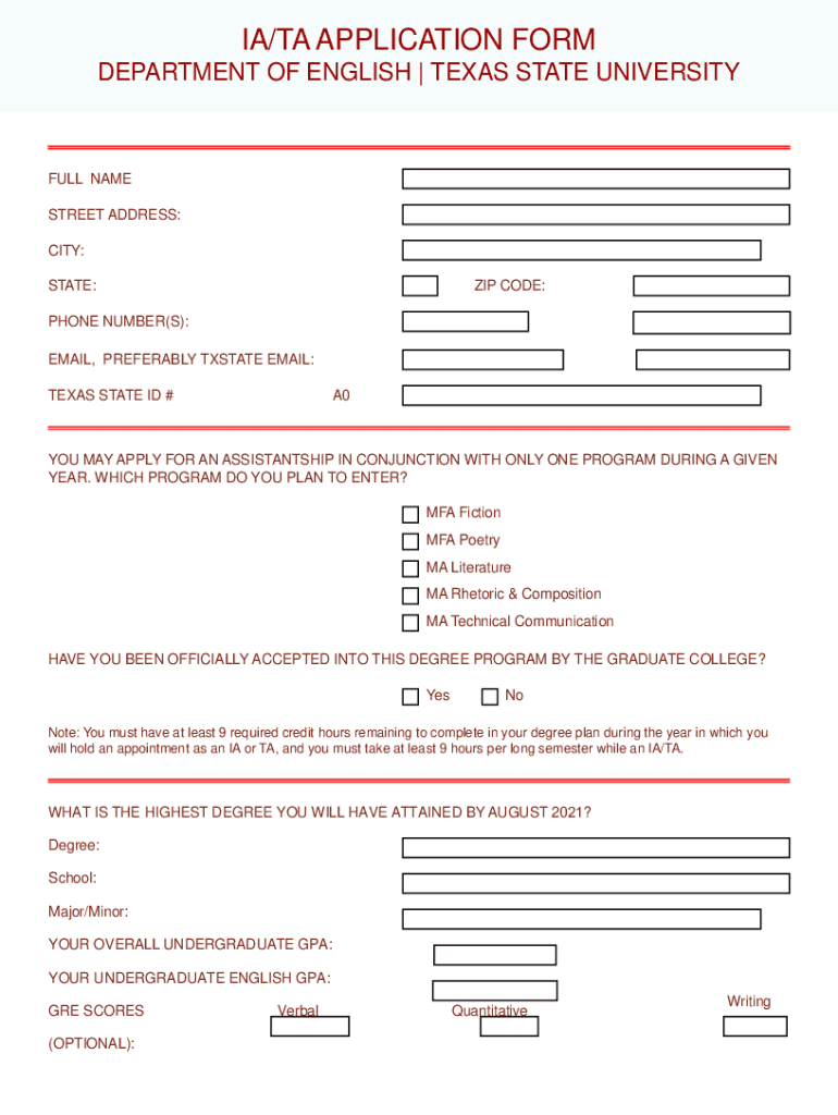 Fillable Online gato-docs its txstate IA/TA APPLICATION FORM Fax Email ...