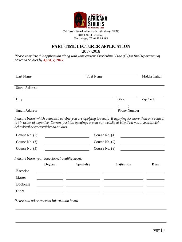 PART-TIME LECTURER APPLICATION Doc Template | pdfFiller