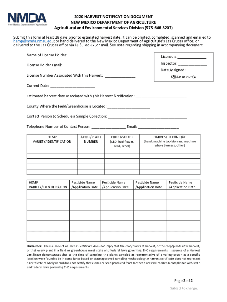 Fillable Online 20 HARVEST NOTIFICATION DOCUMENT NEW MEXICO DEPARTMENT ...