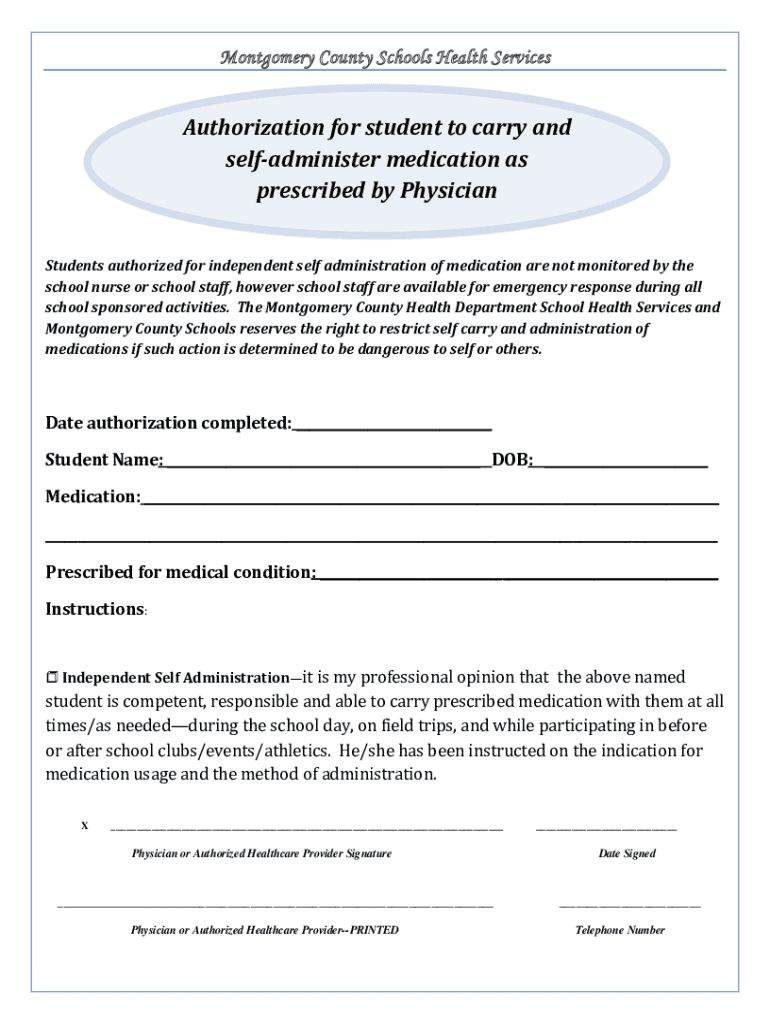 Fillable Online Authorization for student to carry and self-administer ...