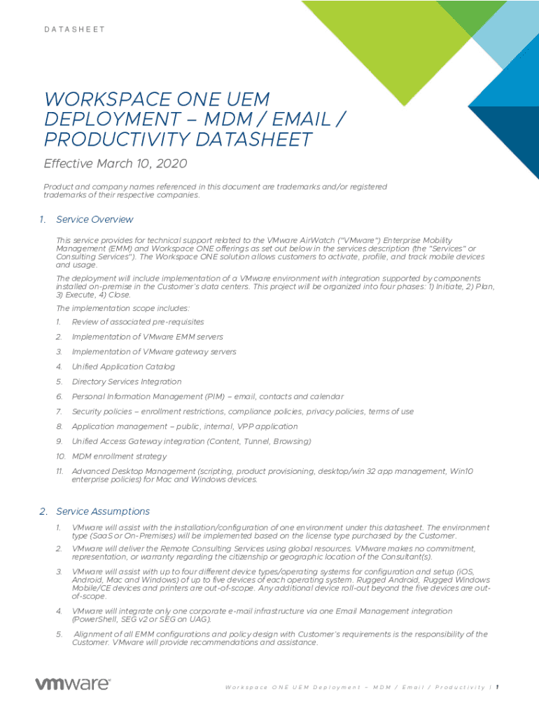 Fillable Online workspace one uem deployment mdm / email ... - VMware ...